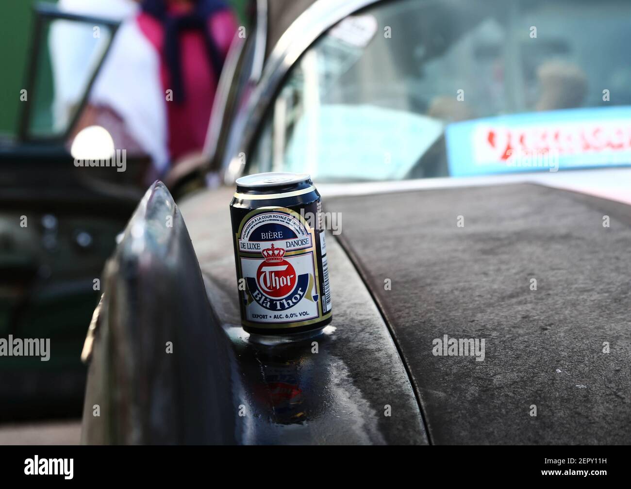 VADSTENA, SWEDEN- 14 JUNE 2017: Beer can on a raggar car, during a car ...