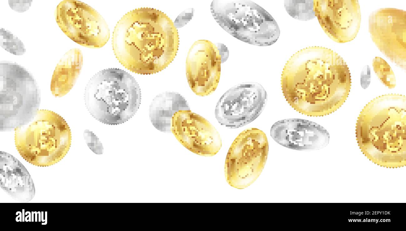 Crypto currency, flying golden and silver coins, virtual money on white ...