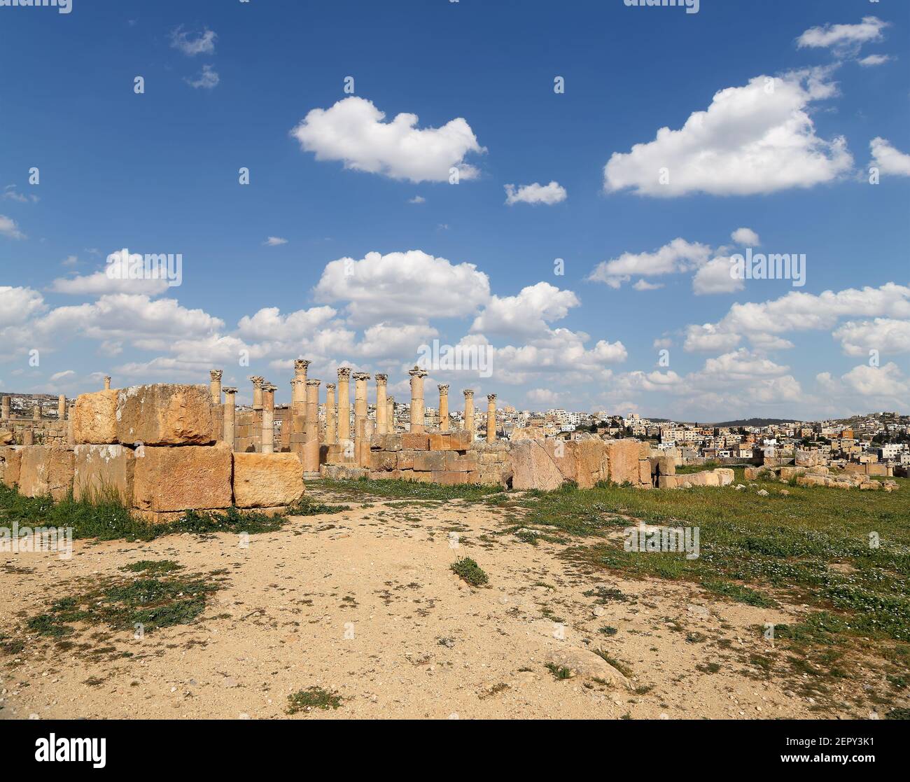 The Roman city of Gerasa and the modern Jerash (in the background Stock ...