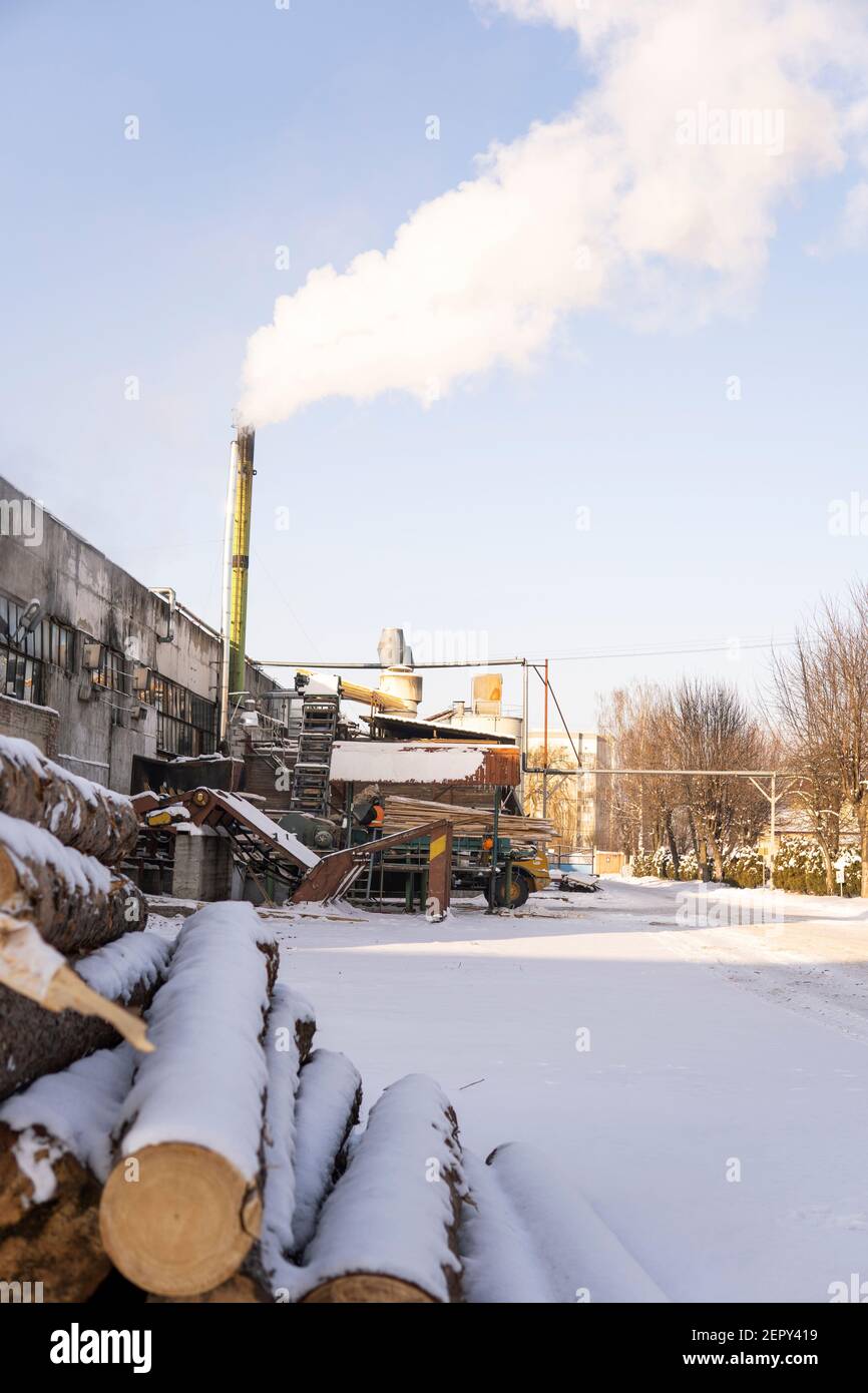 A pile of logs on a sawmill under the layer of snow in the winter ...