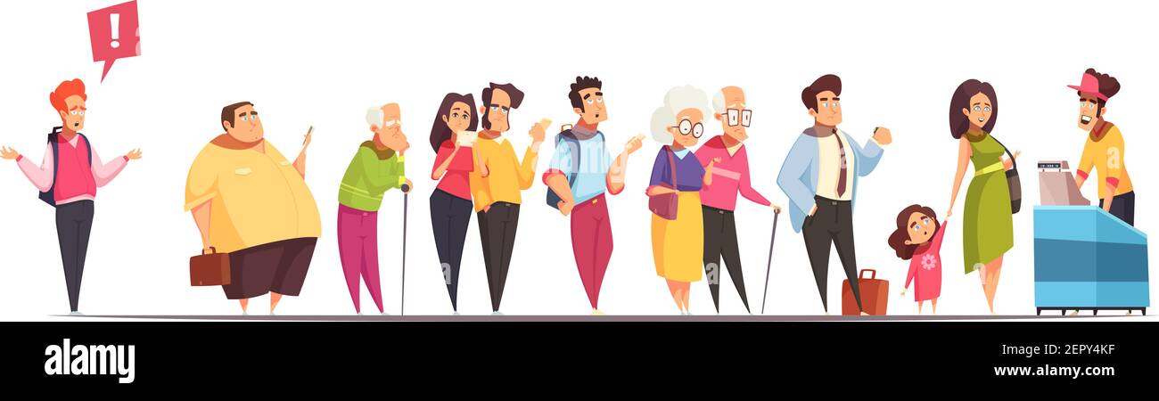 People waiting in long queue at counter with fat man hipster old young ...