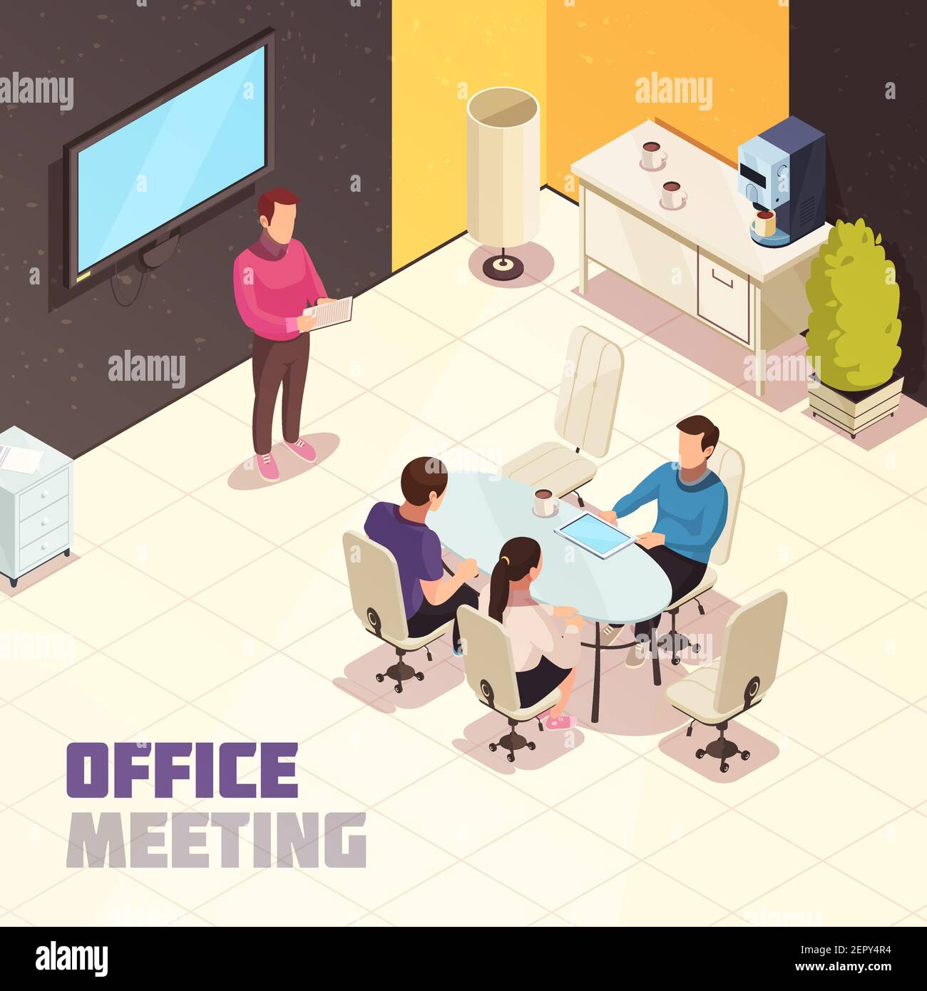 Office meeting isometric composition poster with presentation at wall ...