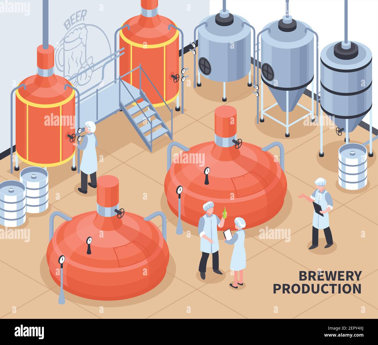 Brewery beer production process isometric composition with personnel ...