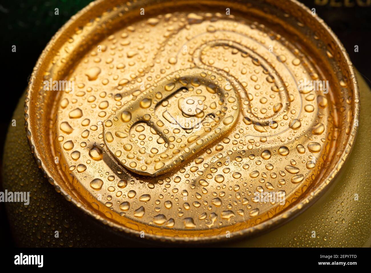 Cold metal beer can with water drops. Alcoholic drink. Canned drinks ...