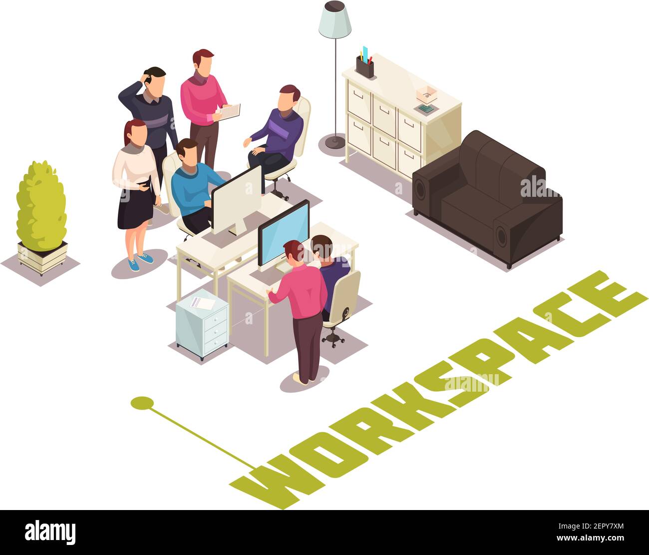 Office work space isometric compositions with coworkers at computer and ...
