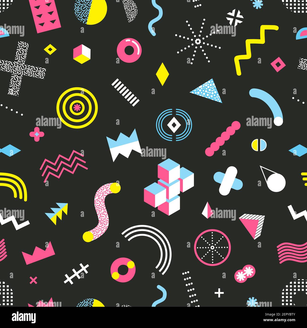 Memphis design geometric elements seamless pattern with cubes circles ...