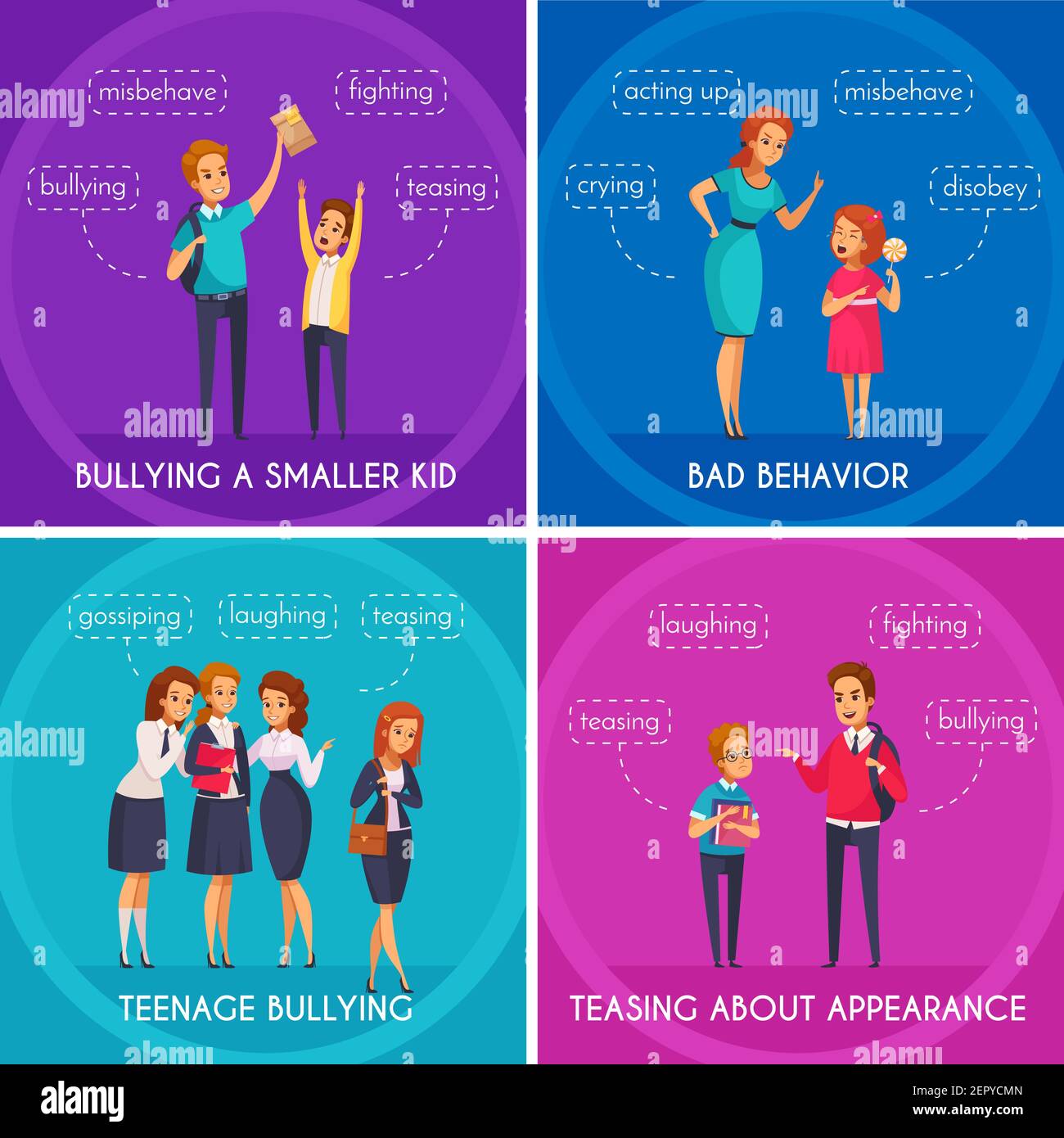 Bad behavior bullying children cartoon characters 2x2 design concept ...