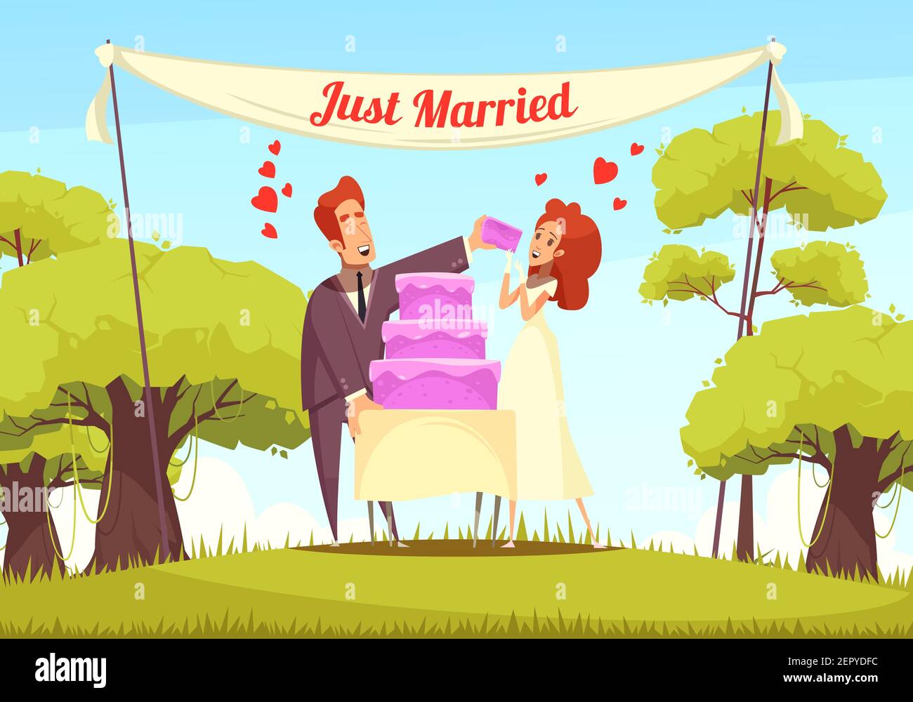 Cheerful just married persons eating bridal cake at outdoor cartoon ...