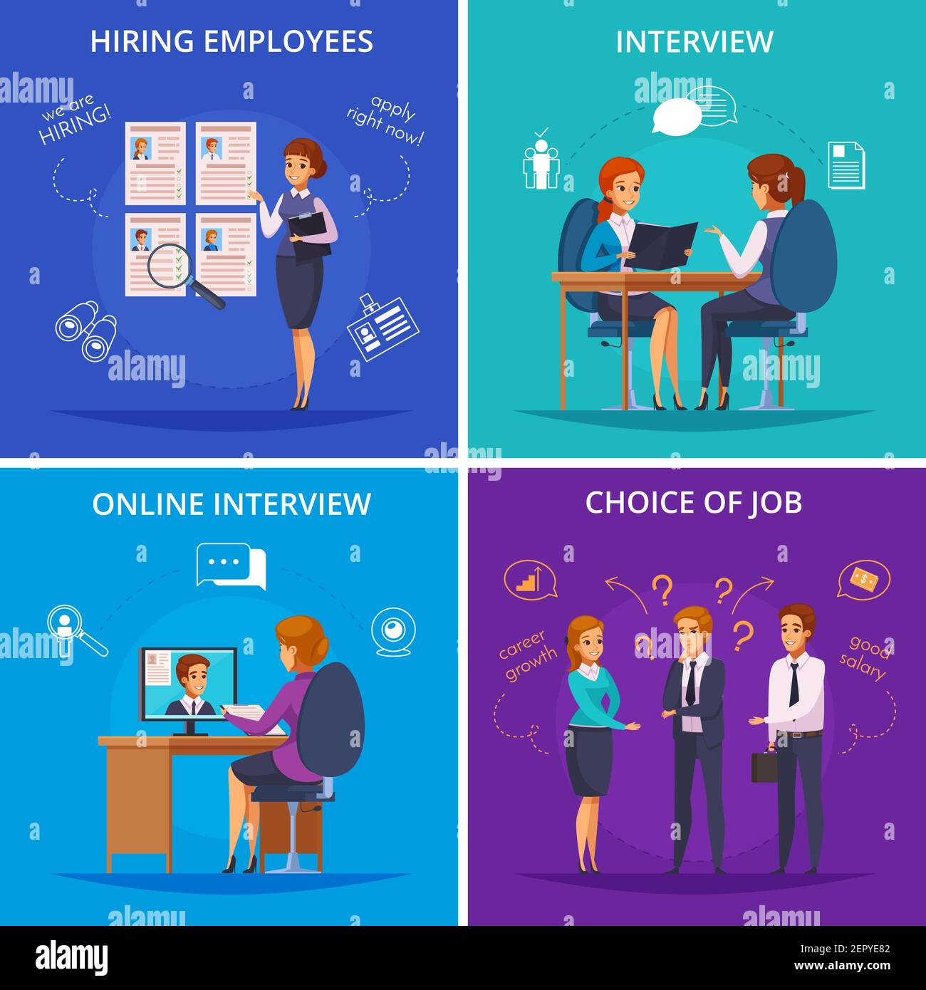 Recruitment hiring hunting HR cartoon characters 2x2 design concept ...