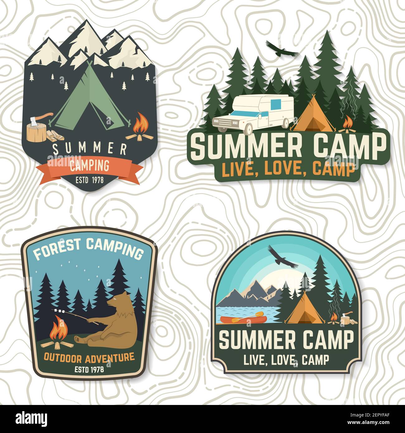 Set Of Summer Camp Patches Vector Concept For Shirt Or Logo Print