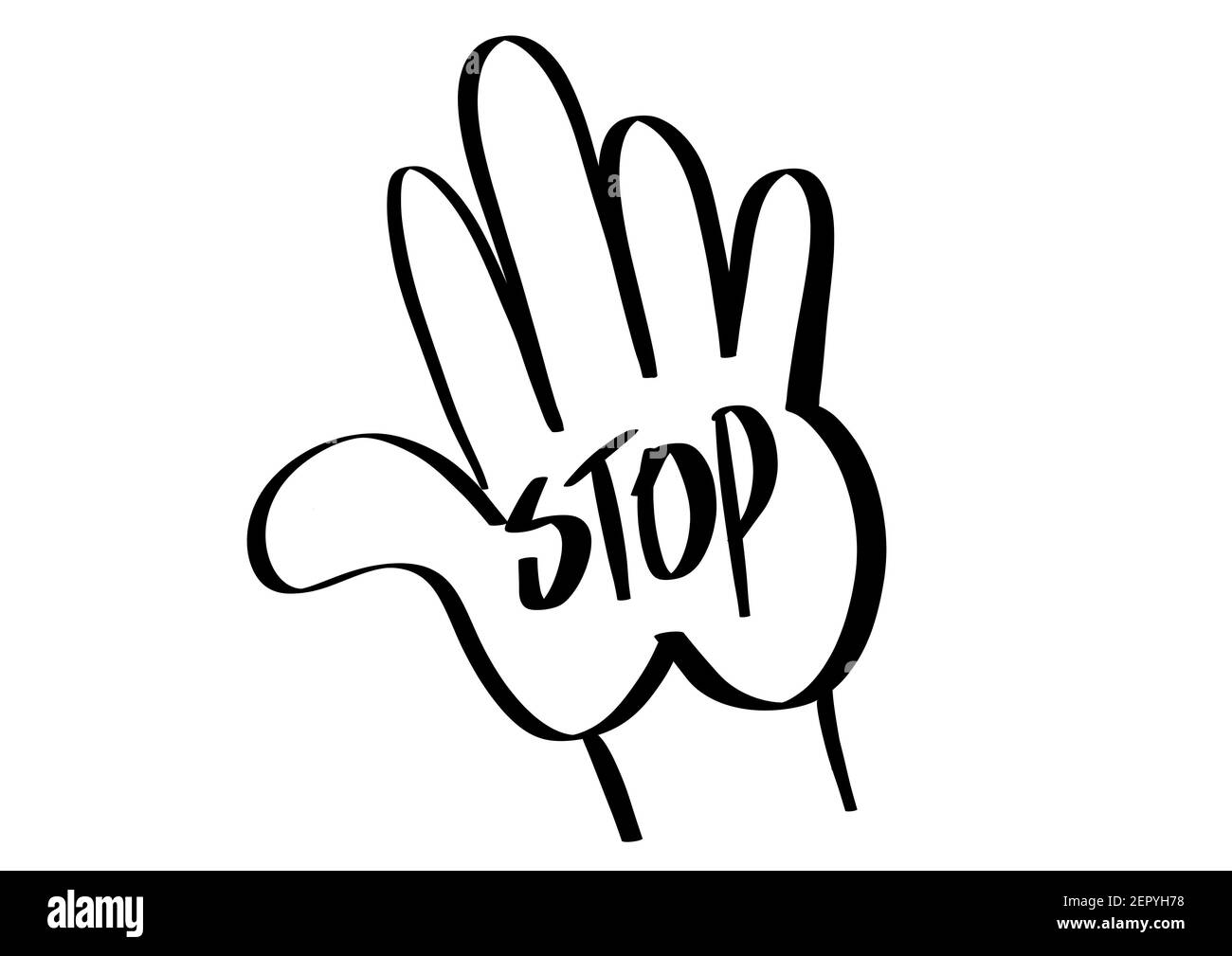 Simple basic line drawing illustration of a hand with stop written on ...