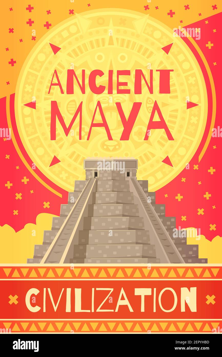 Colorful maya civilization poster with ancient teotihuacan pyramid ...