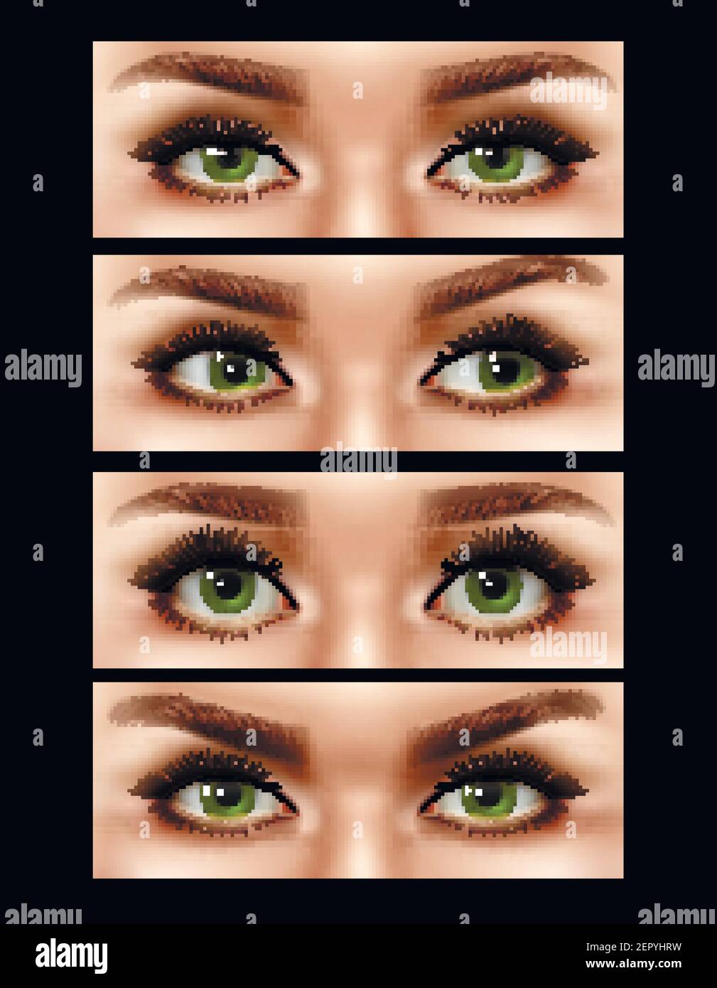Set of realistic human female eyes expressions isolated on black ...
