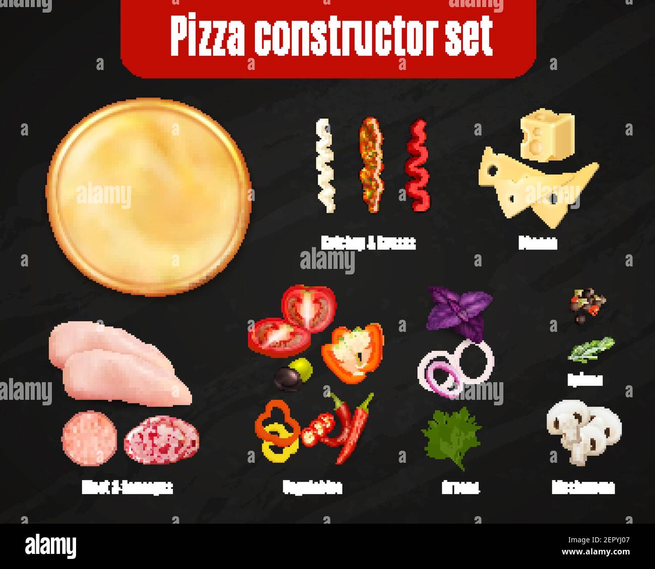 Pizza constructor realistic set on black background with dough and ...