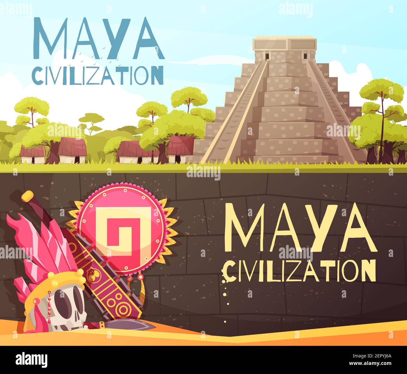 Cartoon set of two horizontal banners with maya civilization pyramid ...