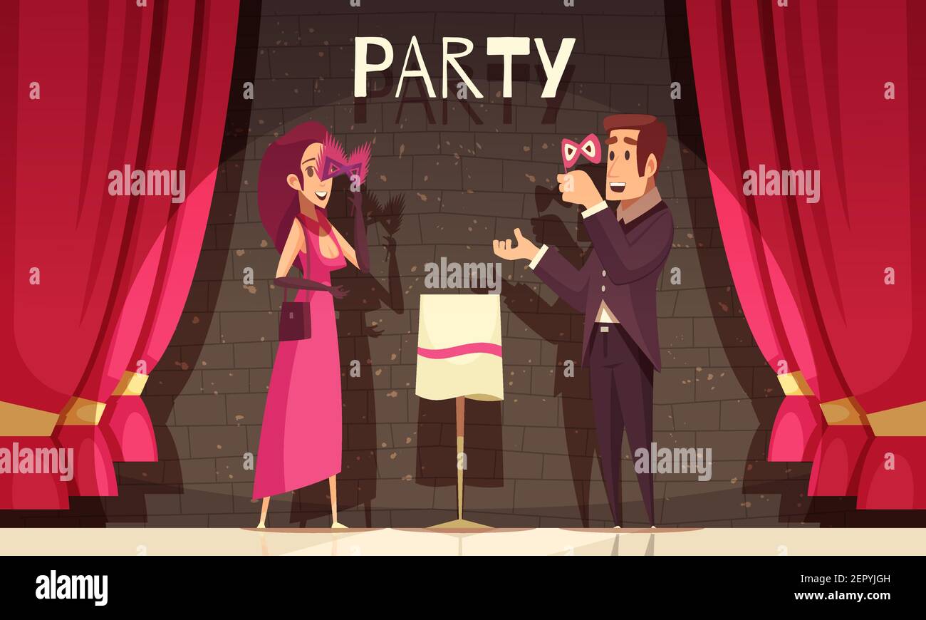 Two people wearing dress suit and masks at carnival party cartoon ...