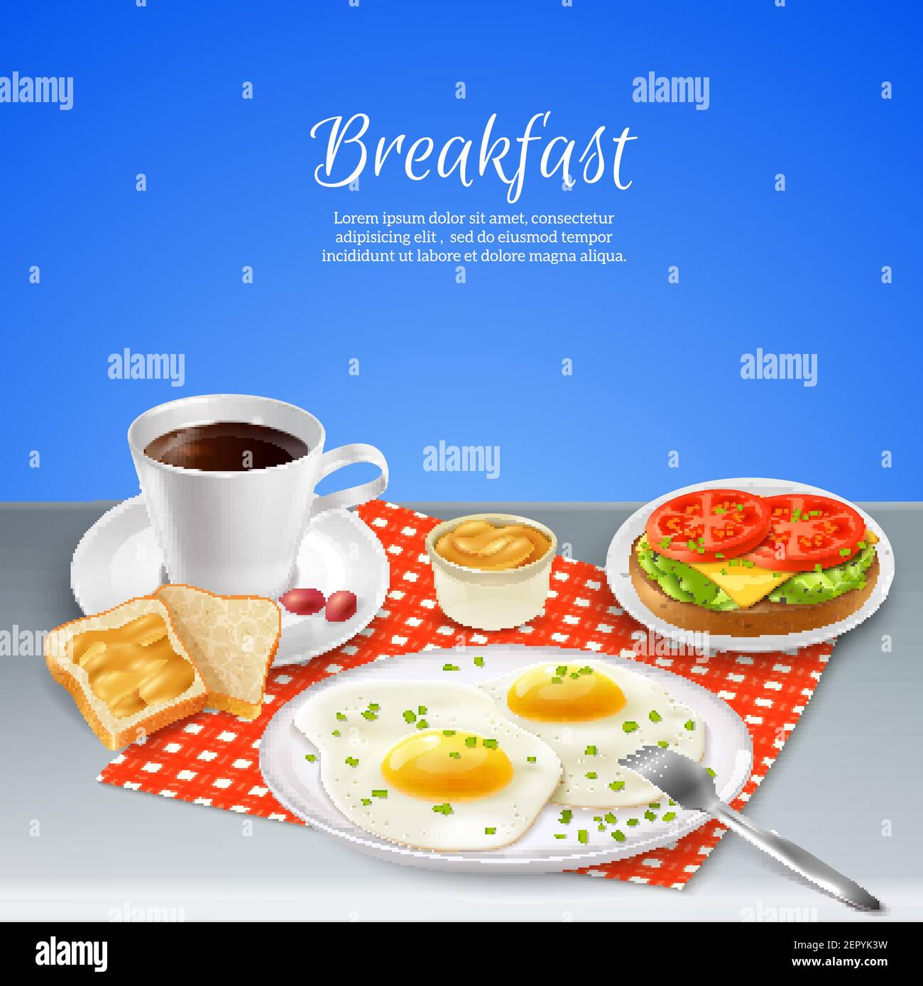 Delicious nourishing breakfast with eggs coffee and toasts on checked ...