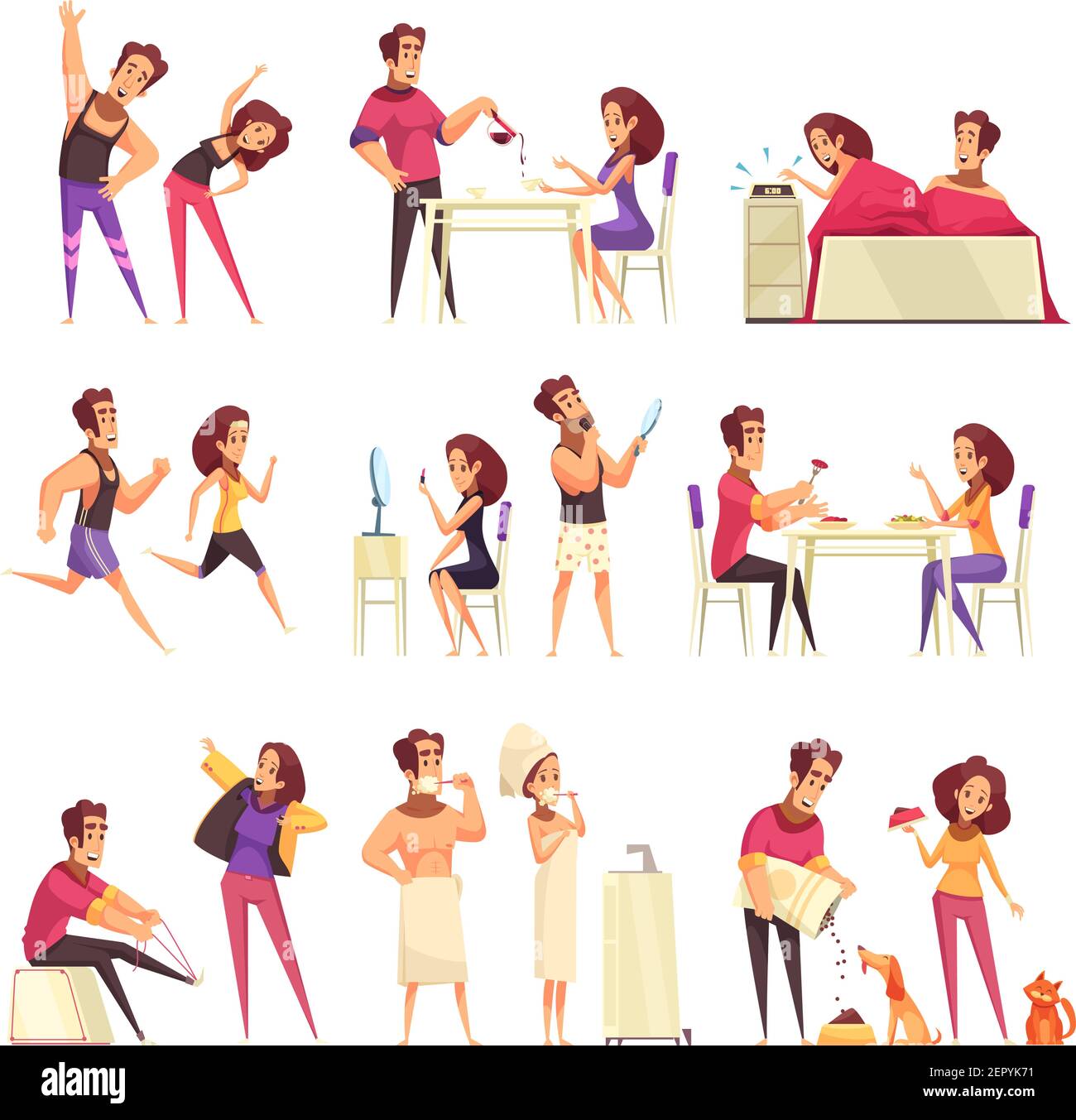 Cartoon set of icons with young couple and various morning routine ...