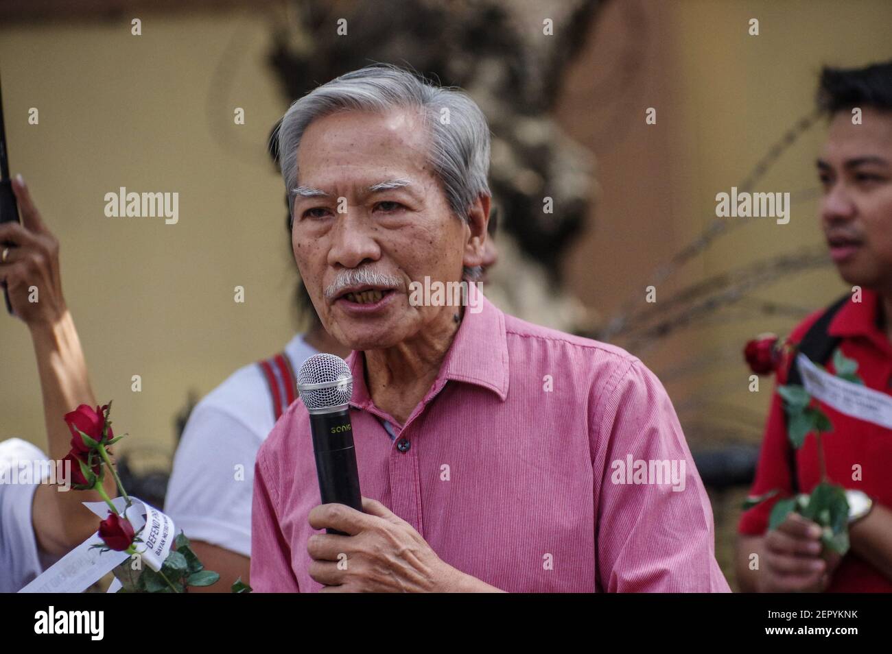 BAYAN president Satur Ocampo addresses a group of activists protesting ...