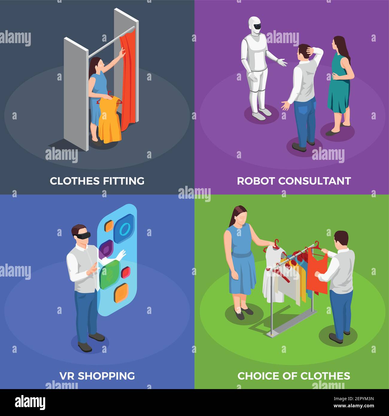 Consumers isometric concept icons set with clothes fitting isolated ...