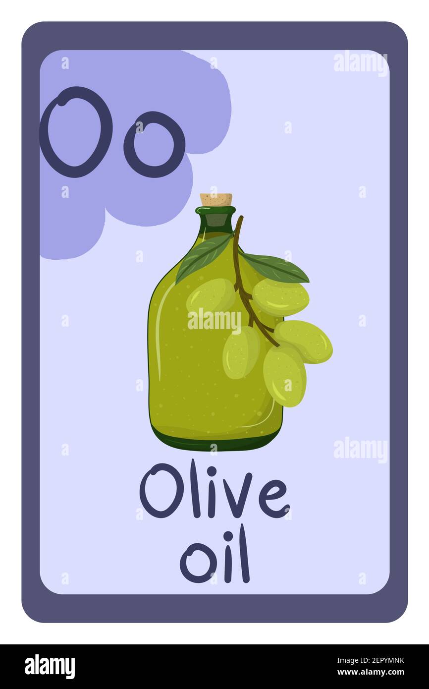 Colorful abc education flash card, Letter O - oil in green glass bottle ...