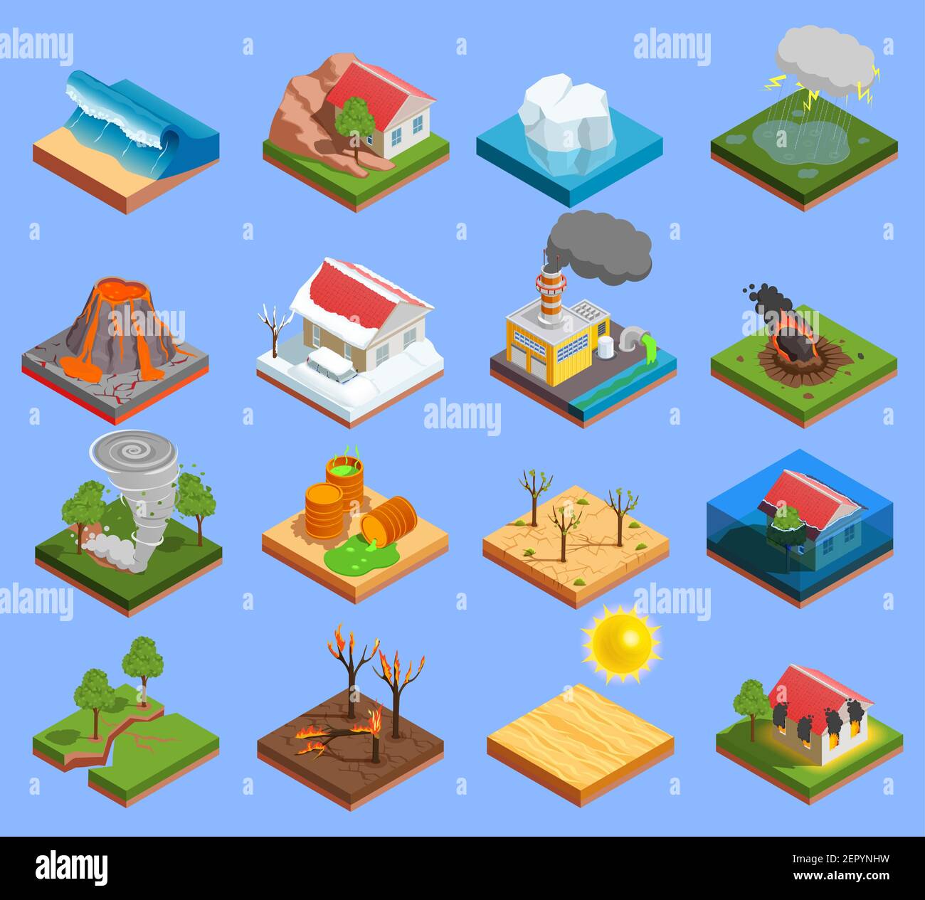 Natural disaster isometric icons set with volcano eruption and flood ... Natural disaster isometric icons set with volcano eruption and flood ...