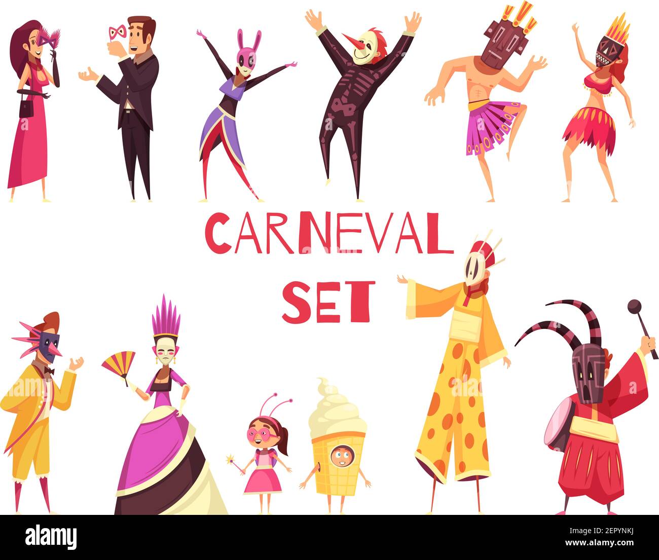 Cartoon set of male and female people wearing colorful carnival party ...