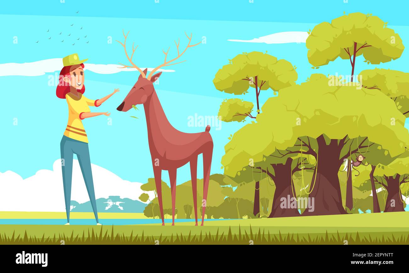 Feeding of forest animal, smiling girl giving food to deer on blue sky ...