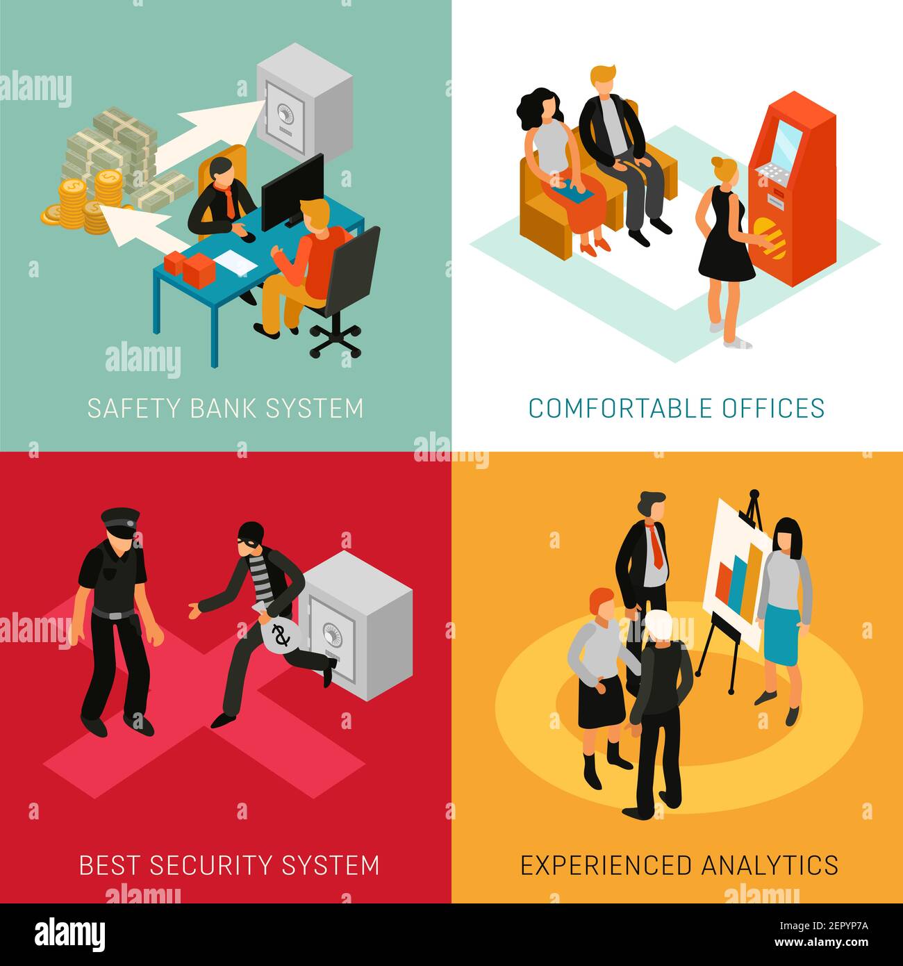 Bank people staff customers 4 isometric icons concept with analytics ...