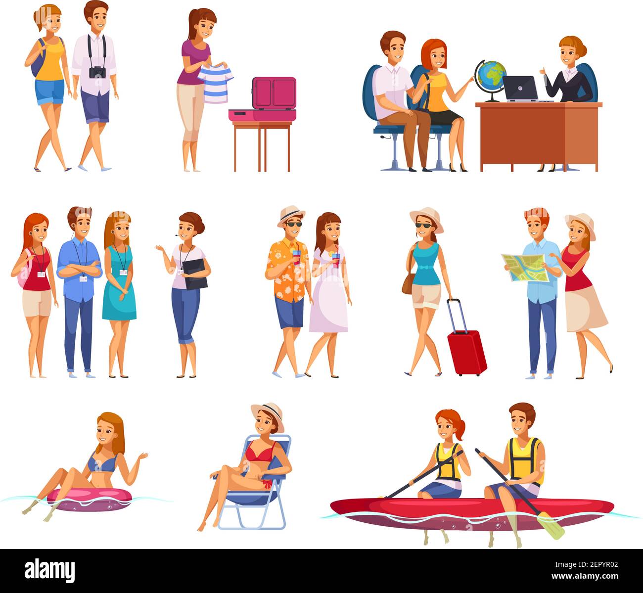 Travel agency cartoon set with people preparing for trip and on summer ...