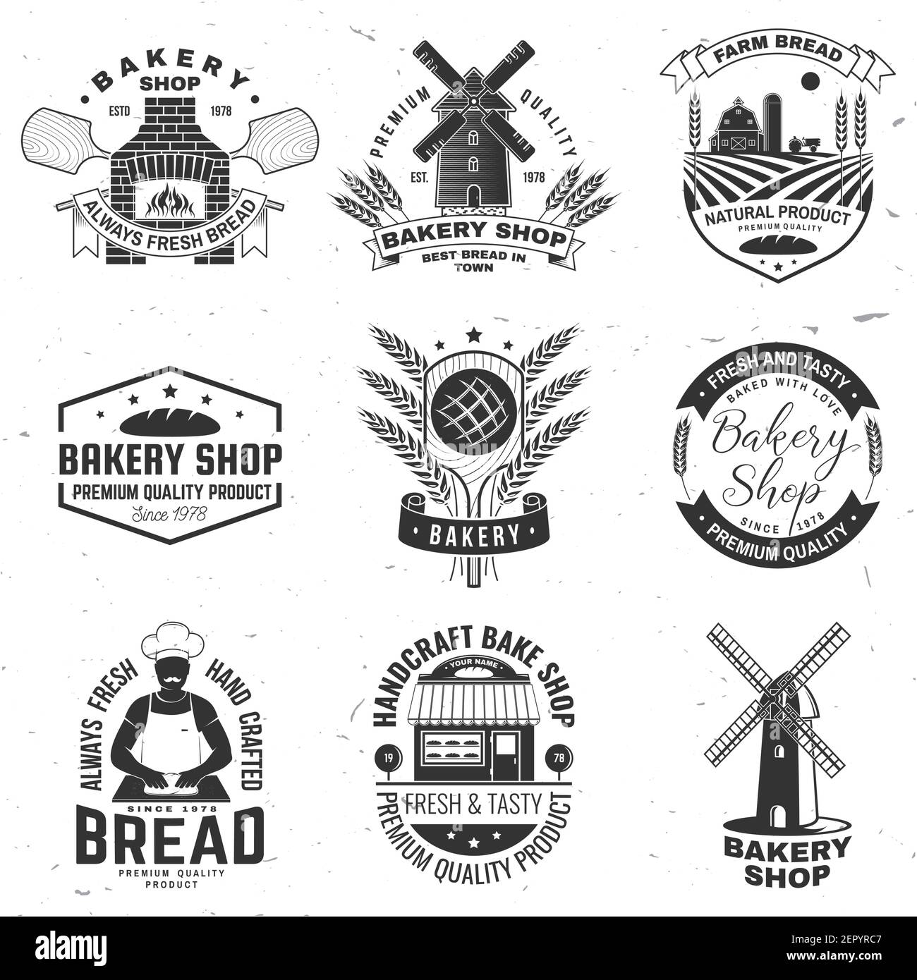 Set of Bakery shop badge. Vector. Design with windmill, rolling pin ...