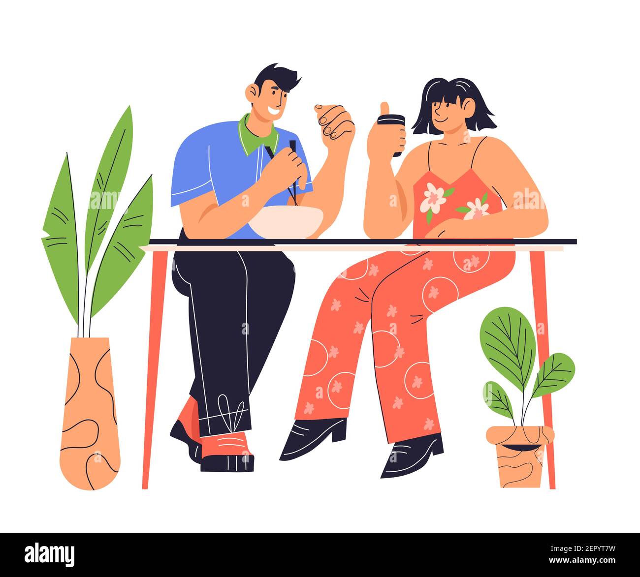 Young couple having lunch together, cartoon vector illustration ...