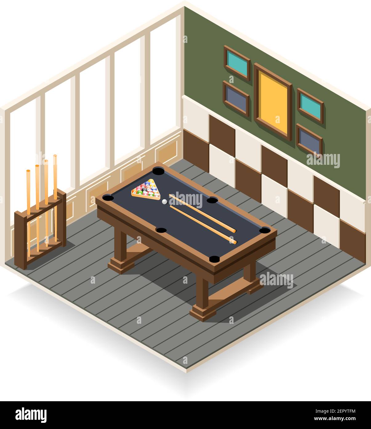 Billiard room interior with game equipment including wooden table ...