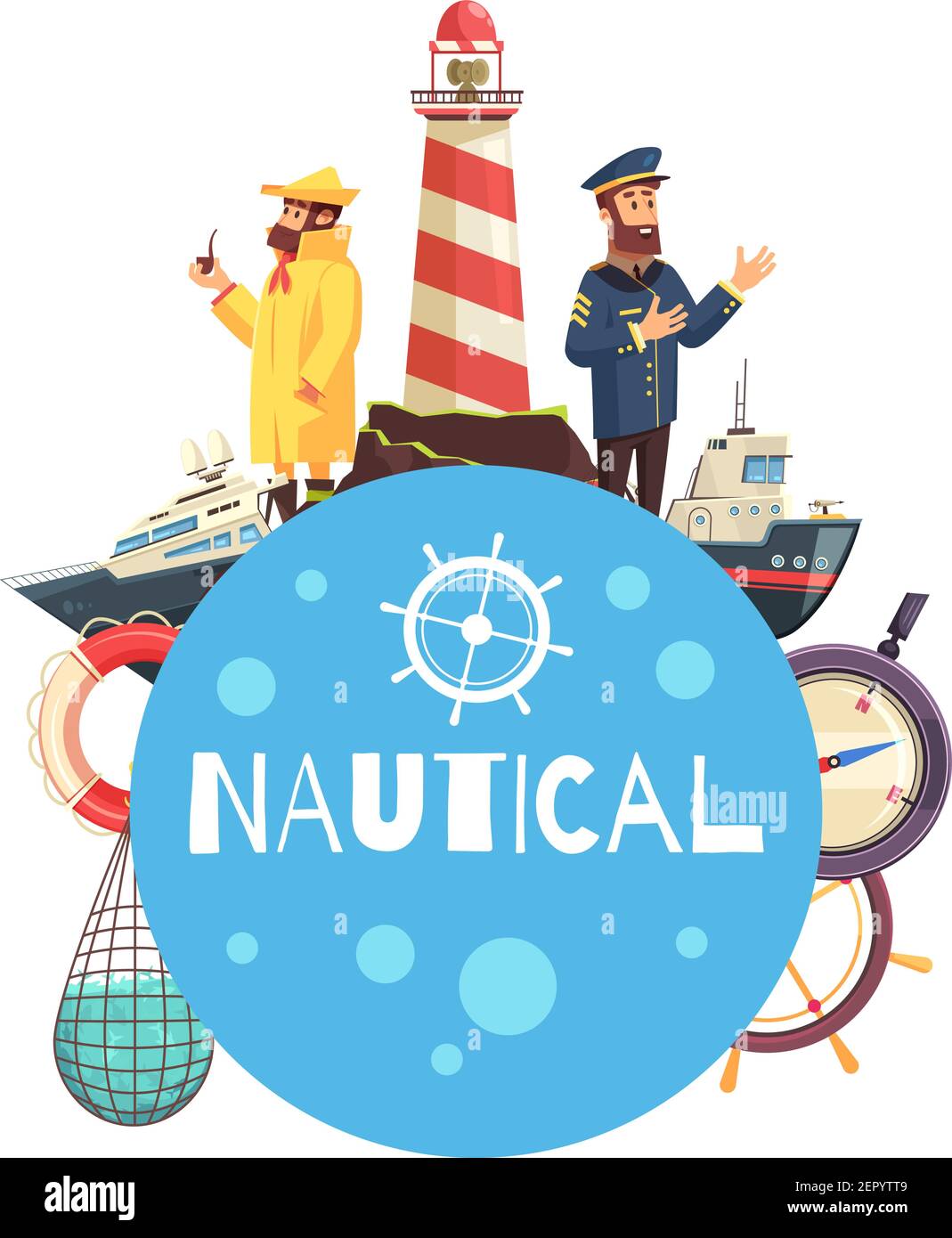 Nautical cartoon concept with vessels captain fishing net lighthouse ...