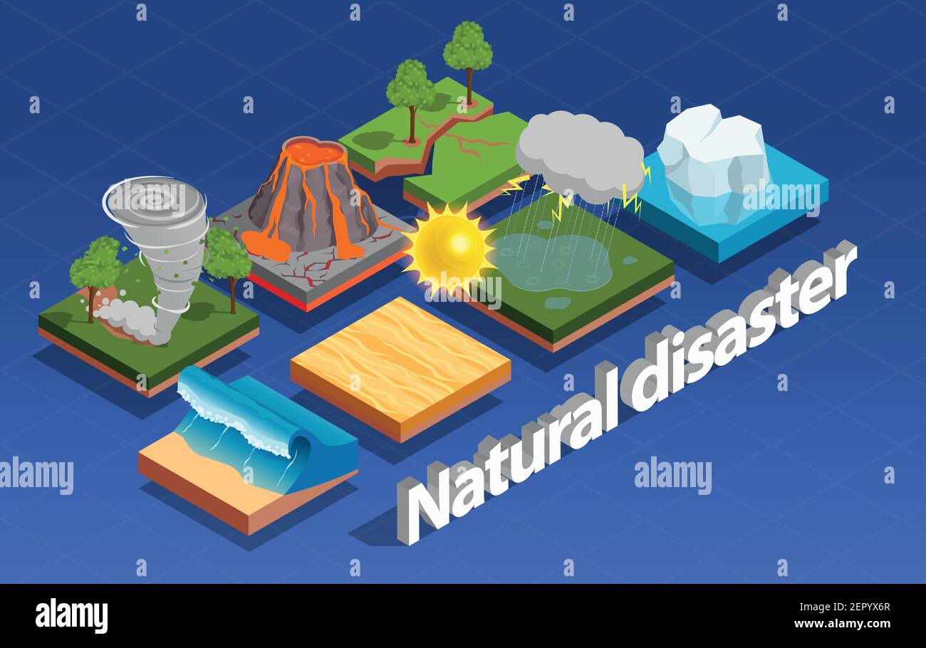 Natural disaster isometric composition with volcano eruption and ...