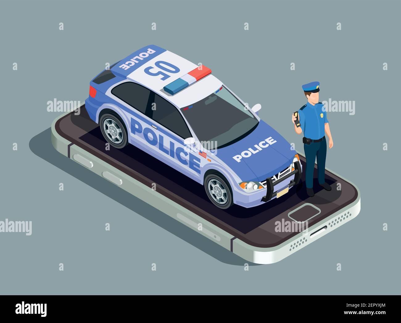 Police isometric concept with officer car and phone symbols vector ...