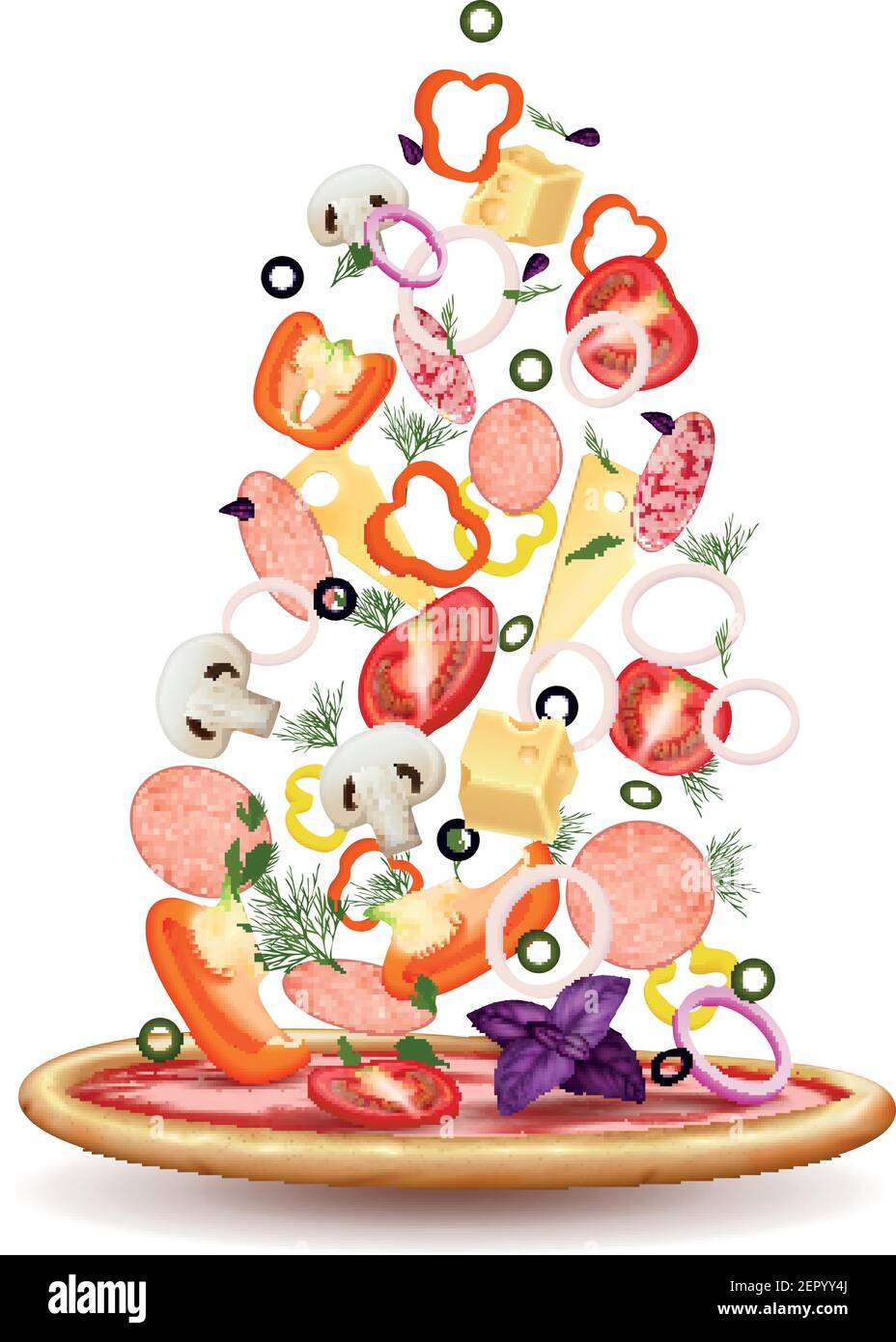 Pizza falling vegetables realistic composition with pizza crust and ...