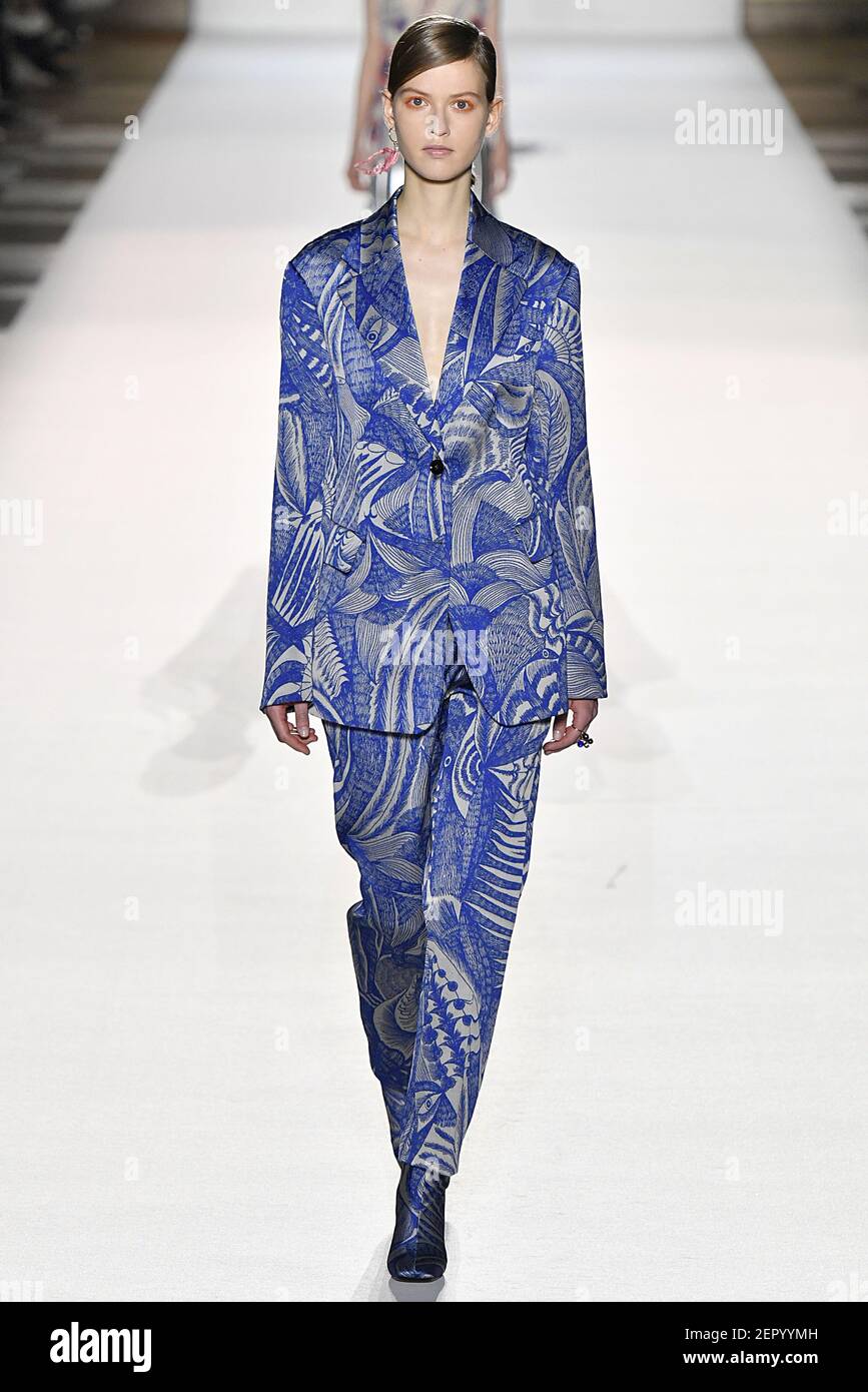 Model Vanya Dakovic walks on the runway during the Dries Van Noten ...