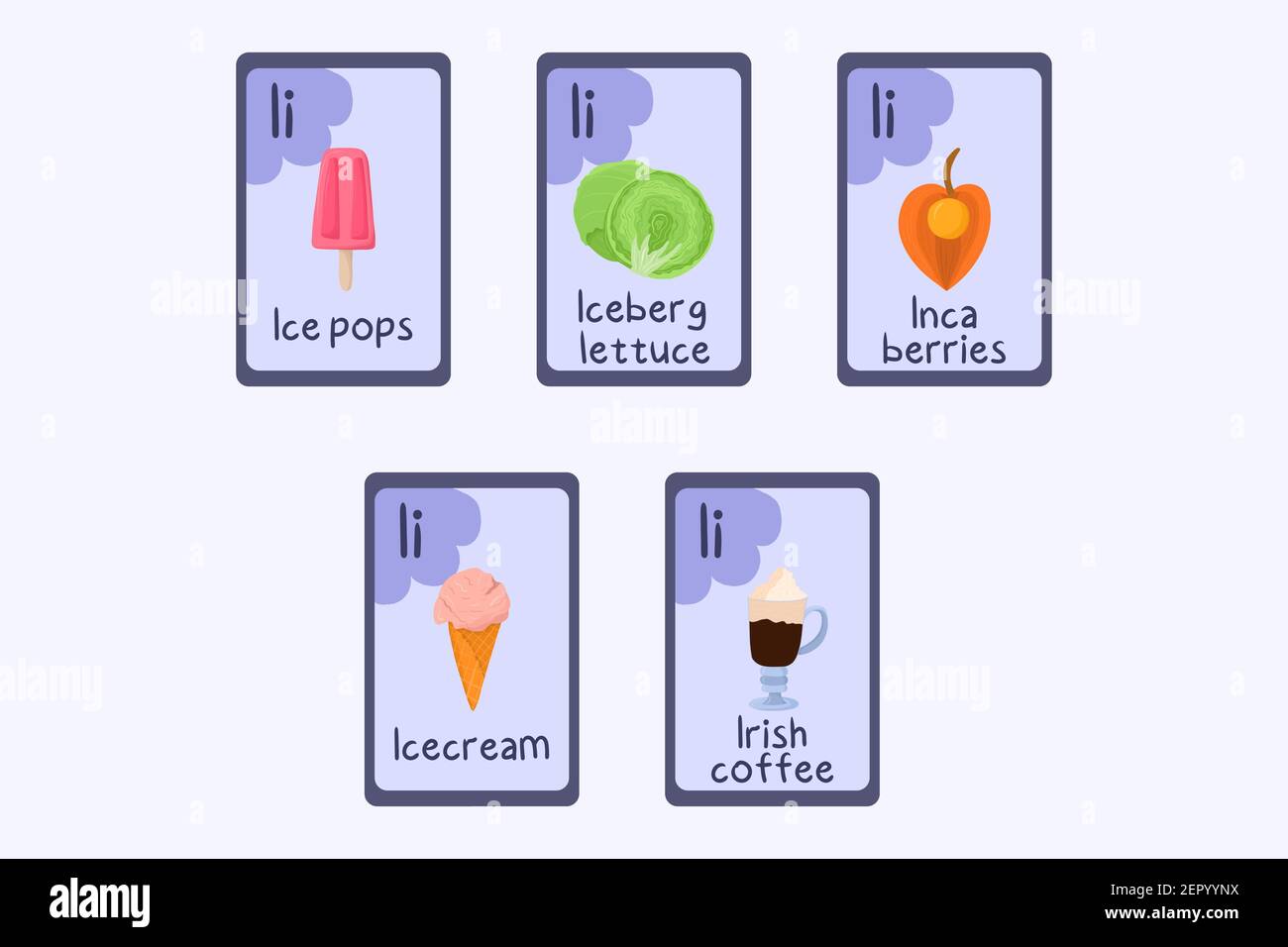 Colorful Phonics flashcard Letter I - ice pops, ice cream, iceberg ...