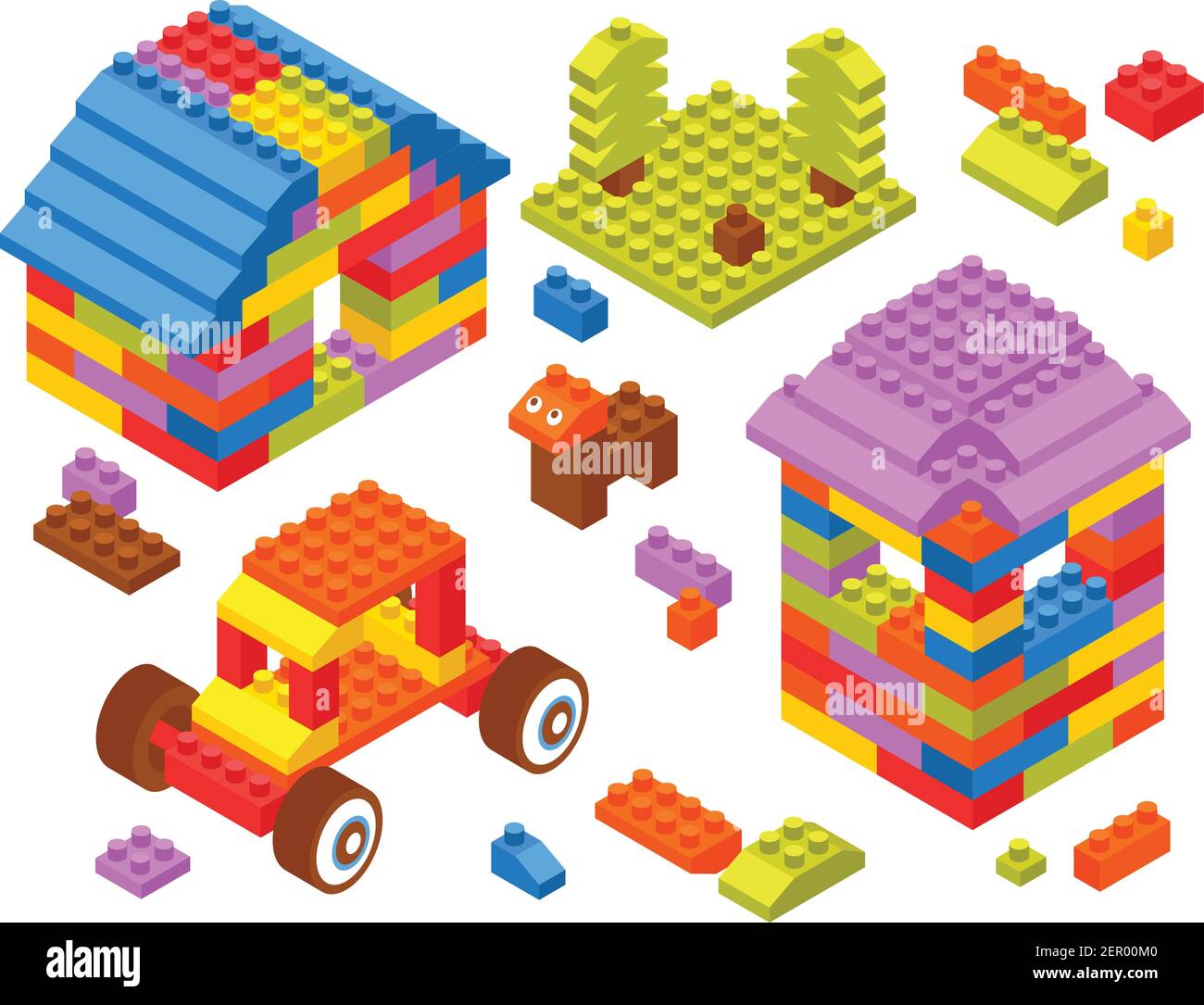 Children toy constructor isometric composition with tractor tower house ...