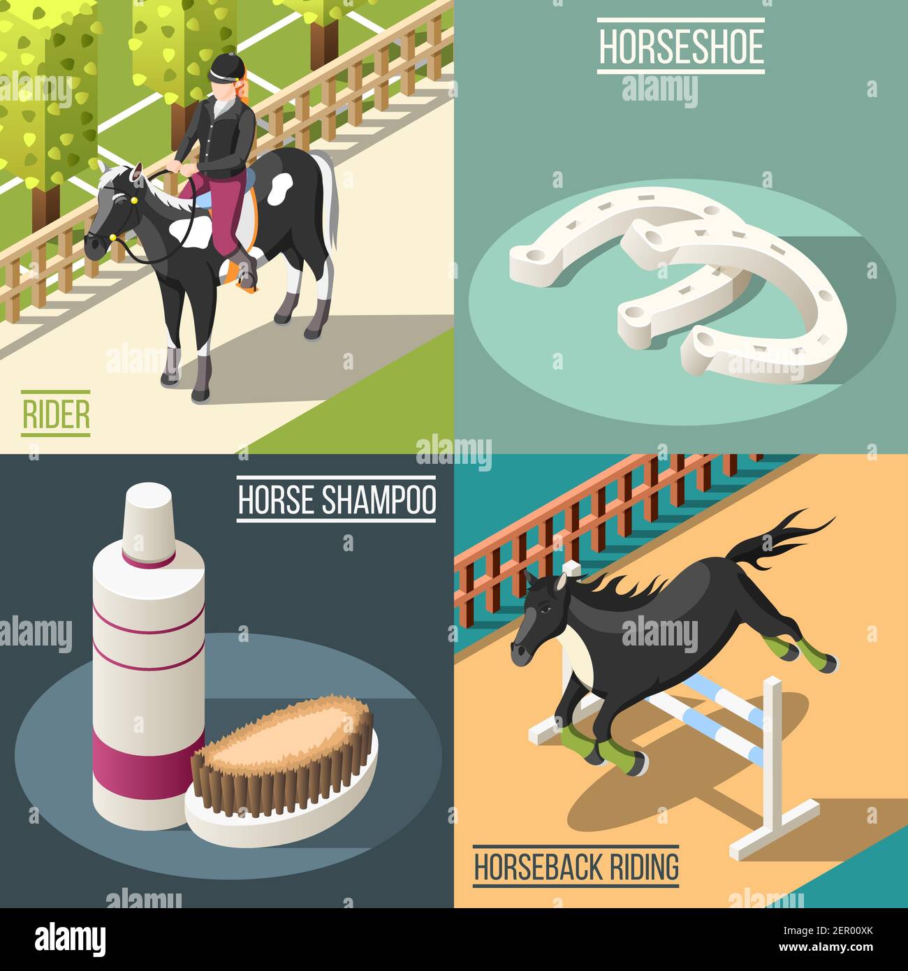Equestrian sport 2x2 design concept set of horse shampoo horseshoe ...