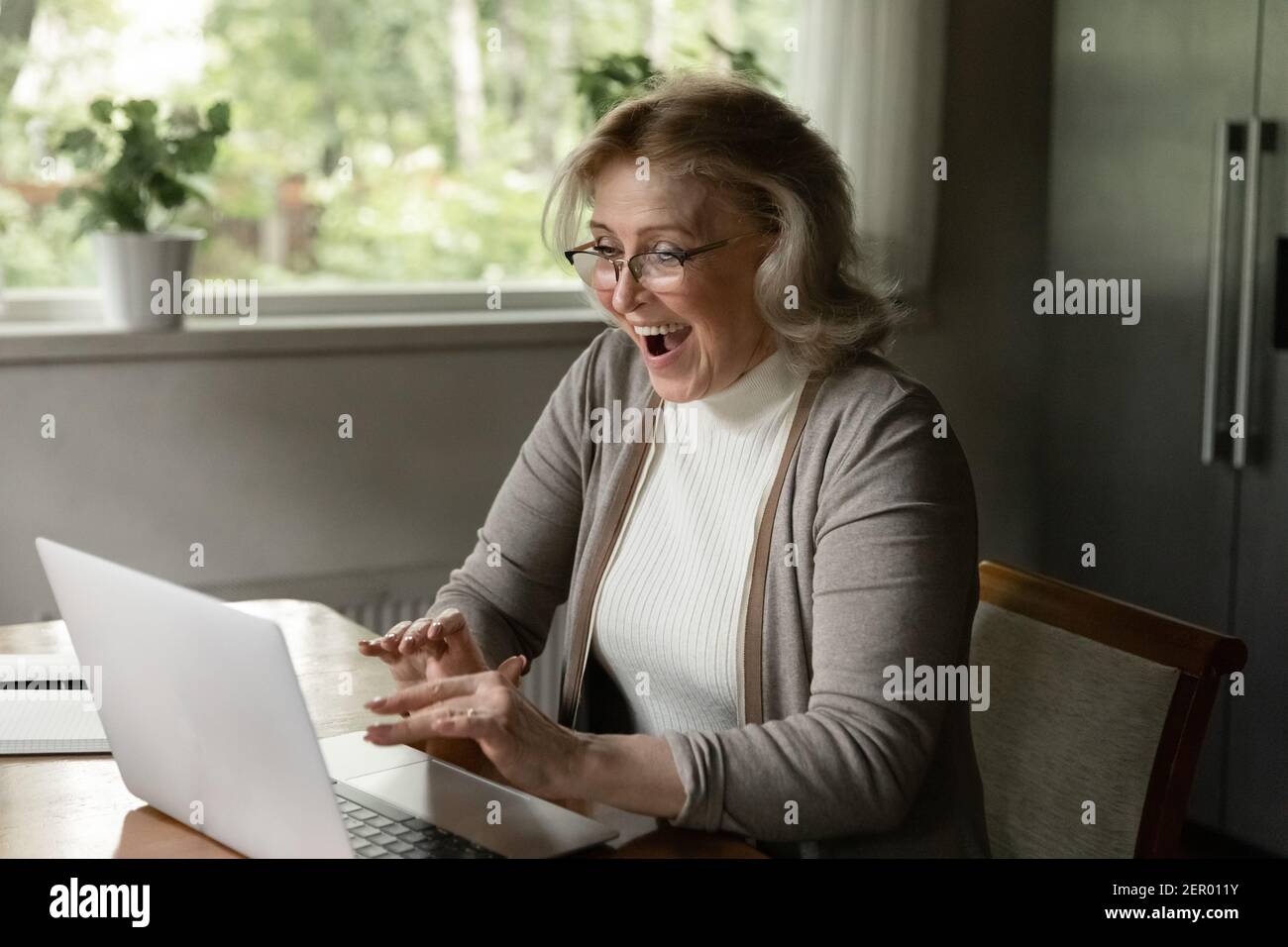 Happy excited woman getting amazing good news, smiling at screen Stock ...