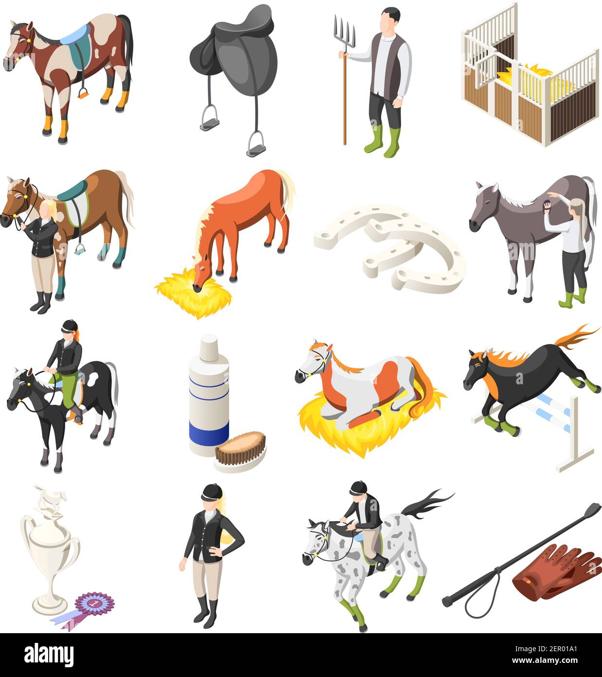 Horse riding isometric set of horses riders jockey accessories and ...