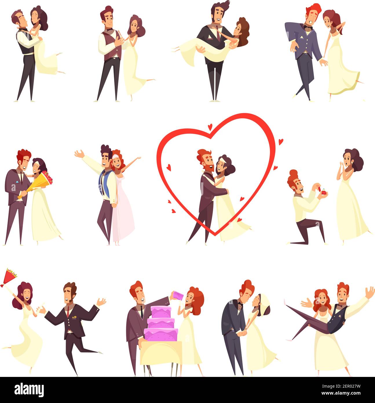 Newlyweds cartoon set, bride and groom during engagement ceremony, hugs ...