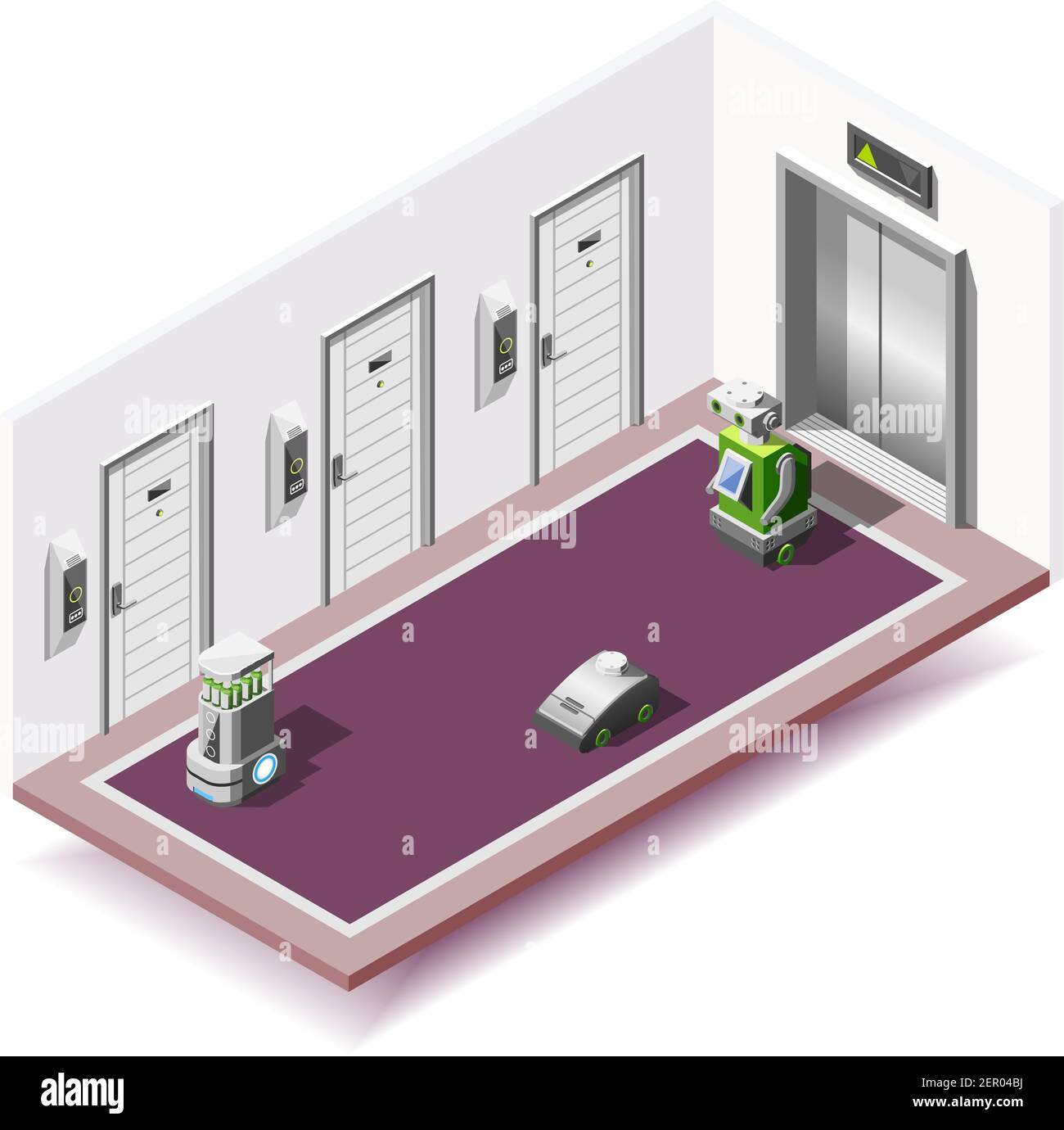 Hall interior of robotized hotel isometric composition with biometric ...