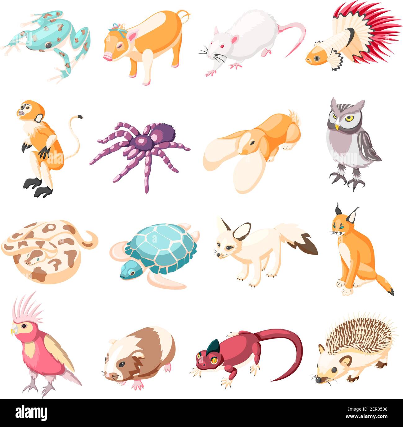 Exotic pets isometric icons set of rabbit turtle parrot lynx rat frog ...