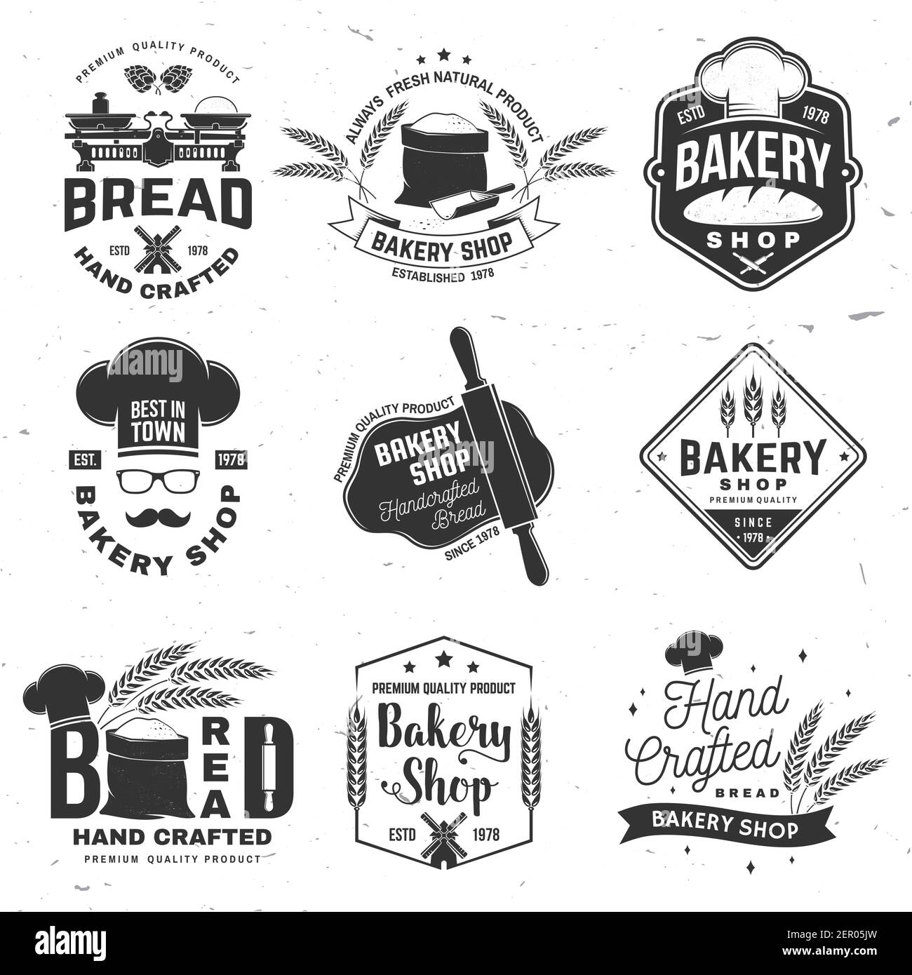 Set of Bakery shop badge. Vector. Design with windmill, rolling pin ...