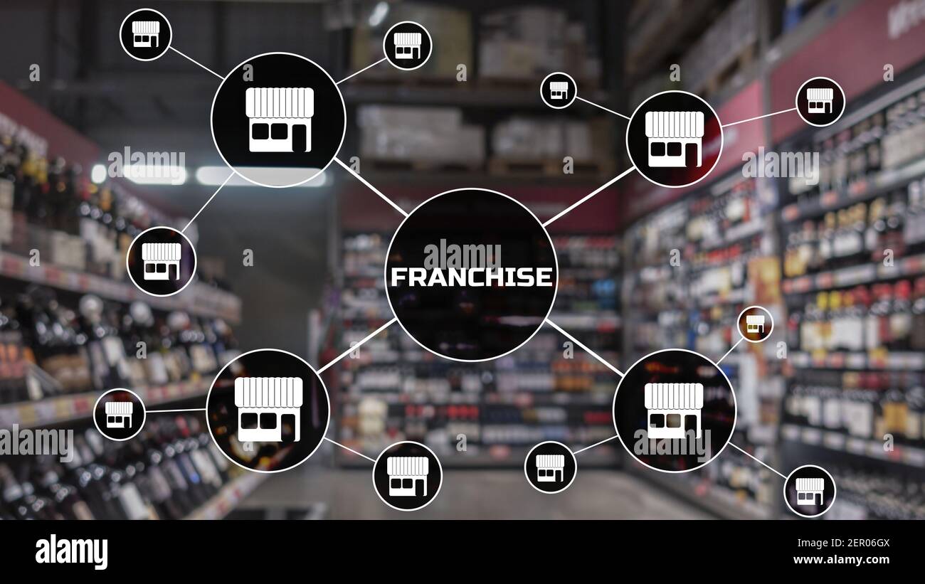 Franchise lettering on blurred warehouse background. Marketing system ...