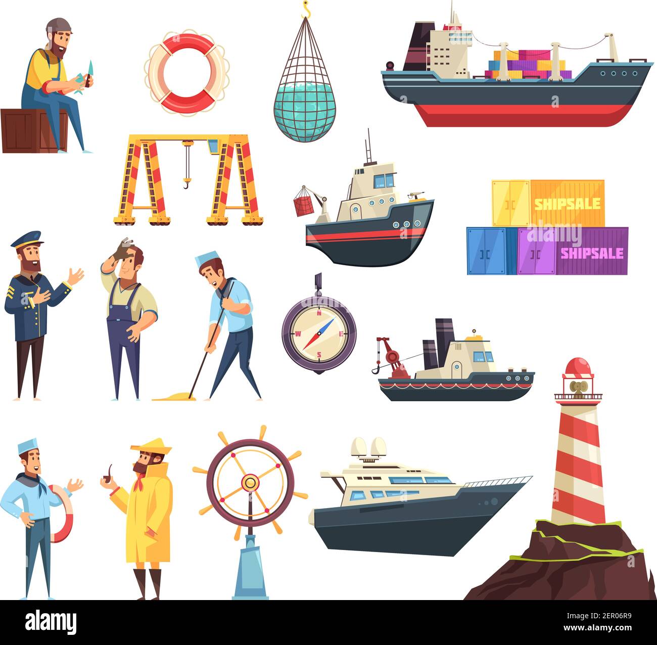 Cartoon set of sailors, captain, ships and nautical elements including ... Cartoon set of sailors, captain, ships and nautical elements including ...