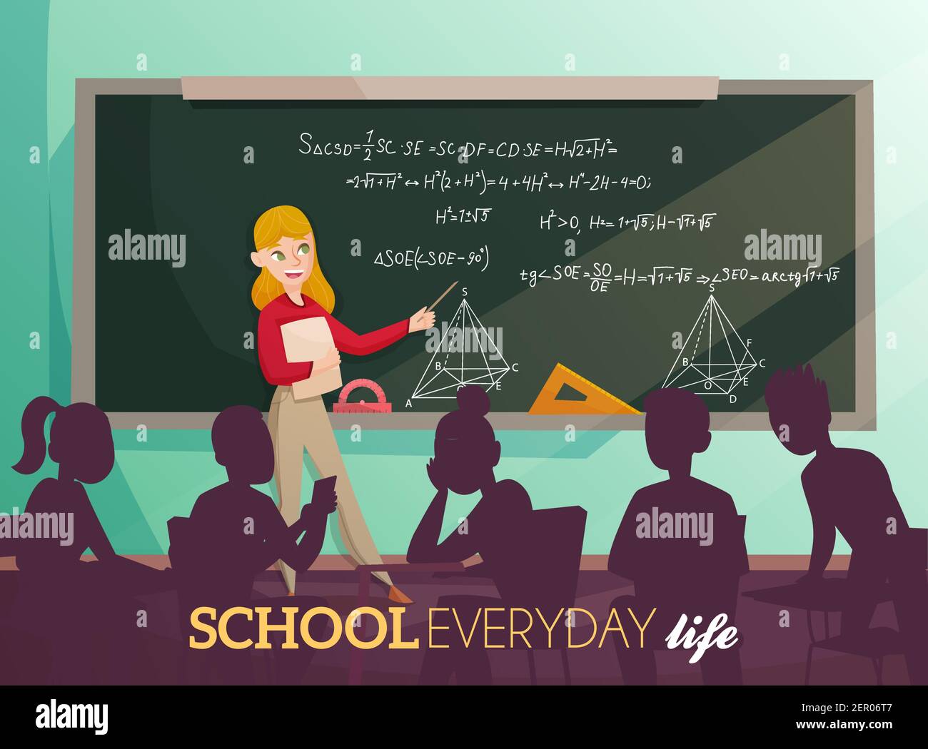 Daily life in school, teacher near board with geometric information and ...